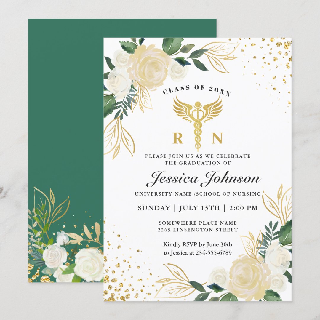 Ivory Golden Floral Nursing School Graduation Invitation | Zazzle
