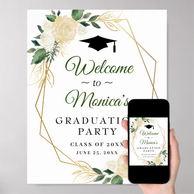 Ivory Golden Floral Welcome Graduation Party Poster | Zazzle