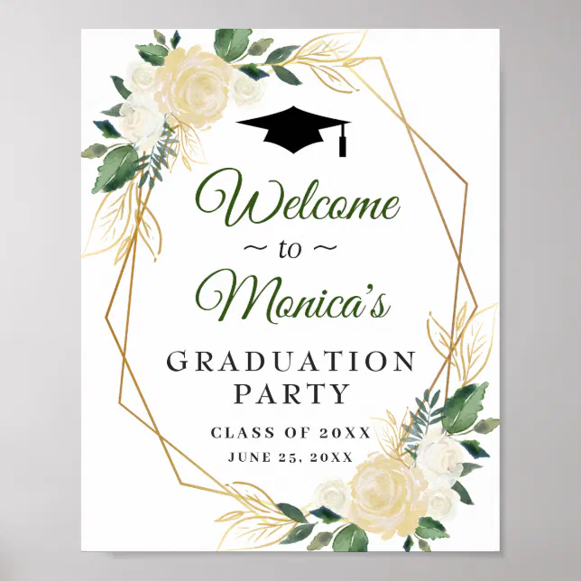 Ivory Golden Floral Welcome Graduation Party Poster | Zazzle