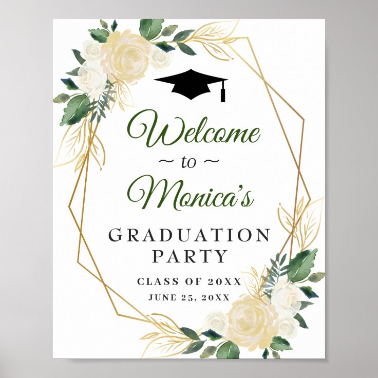 Ivory Golden Floral Welcome Graduation Party Poster | Zazzle