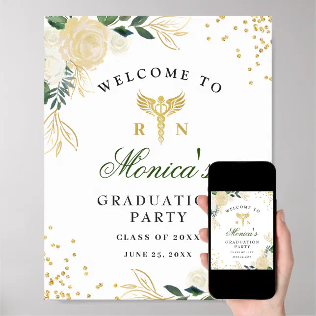 Ivory Golden Floral Welcome Graduation Party Poster | Zazzle