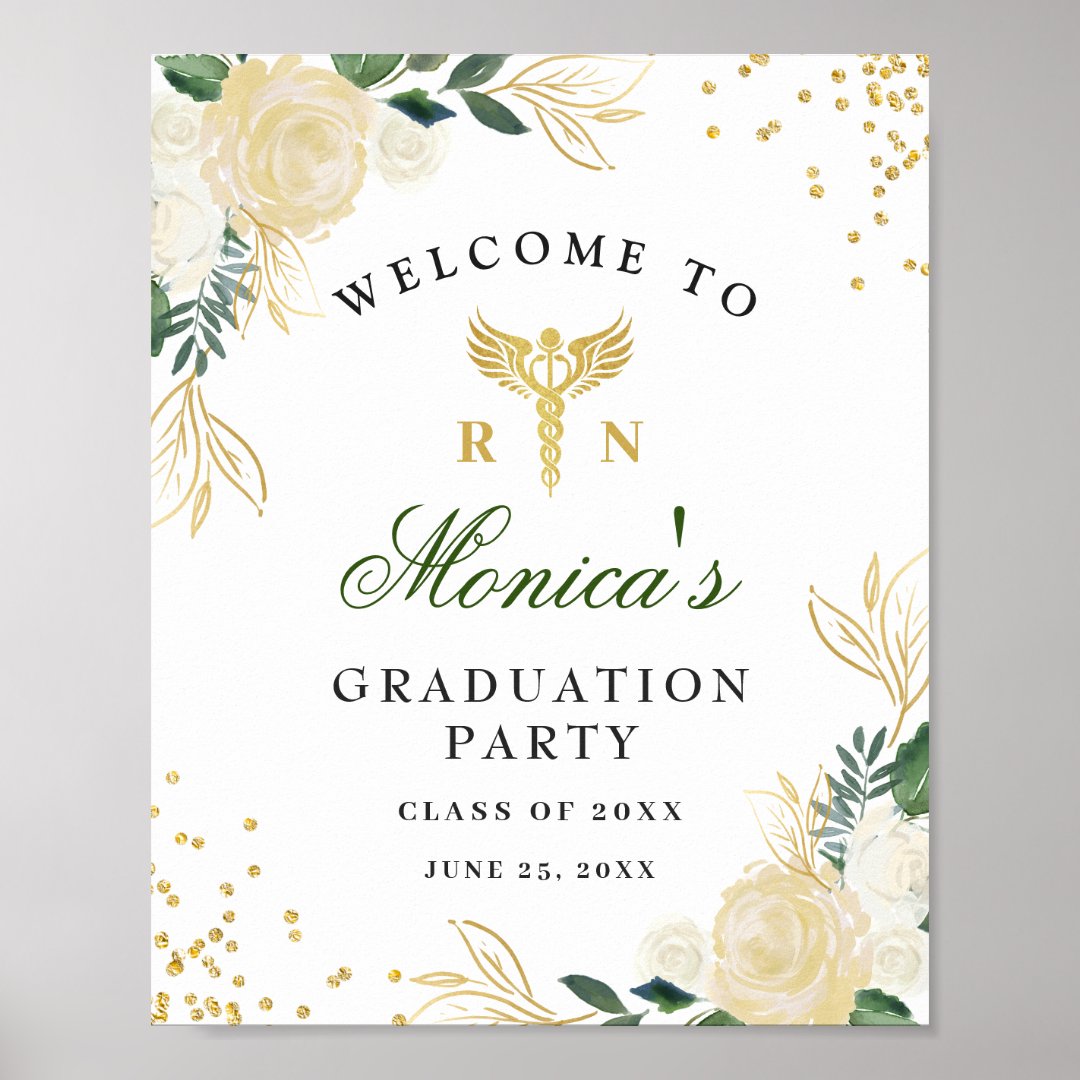Ivory Golden Floral Welcome Graduation Party Poster | Zazzle