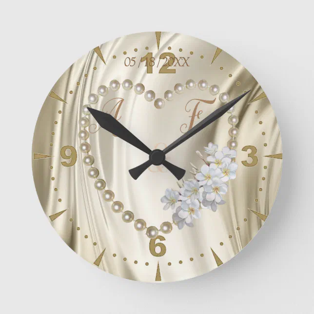 Ivory,Green,Blue,gold Silk & Pearls Round Clock | Zazzle
