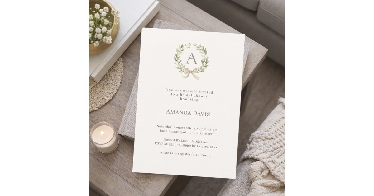 Ivory greenery bow monogrammed Bridal Shower Invitation | Zazzle