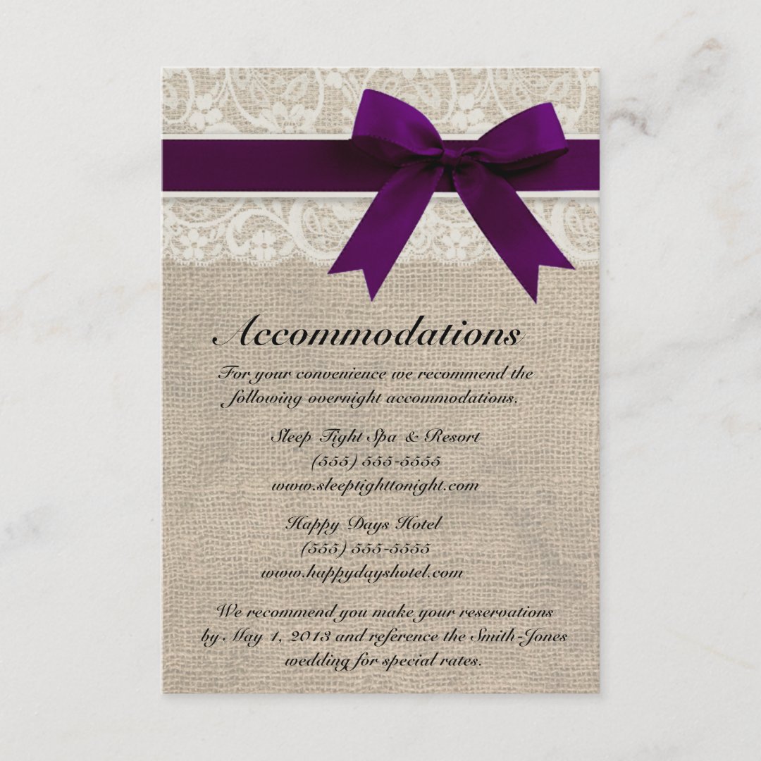 Ivory Lace and Burlap Look Plum Accommodation Card | Zazzle