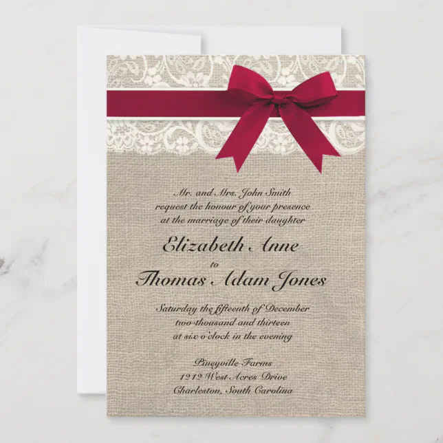 Ivory Lace Red Ribbon Burlap Wedding Invitation | Zazzle