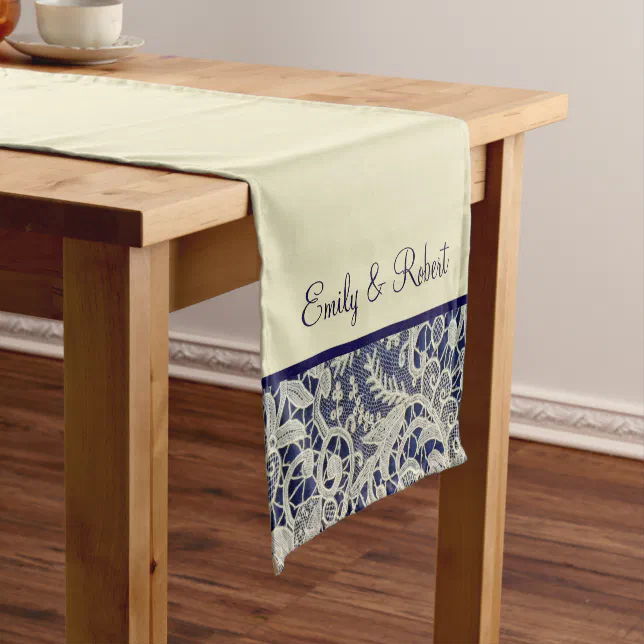 Ivory Lace Royal Navy Blue Formal Reception Short Table Runner | Zazzle