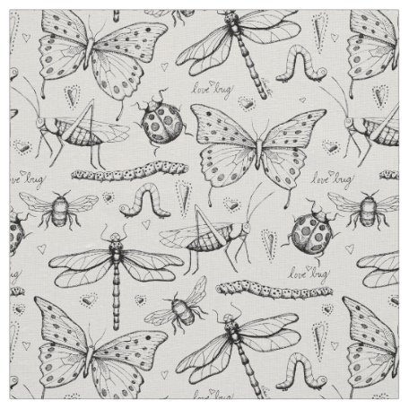 Ivory Linen Love Bug Insect Illustration Pattern Fabric | Zazzle