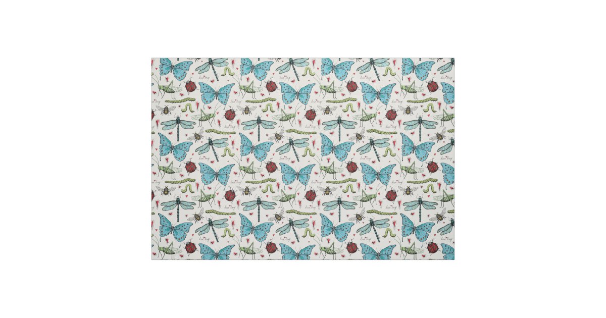 Ivory Linen Love Bug Insect Illustration Pattern Fabric | Zazzle