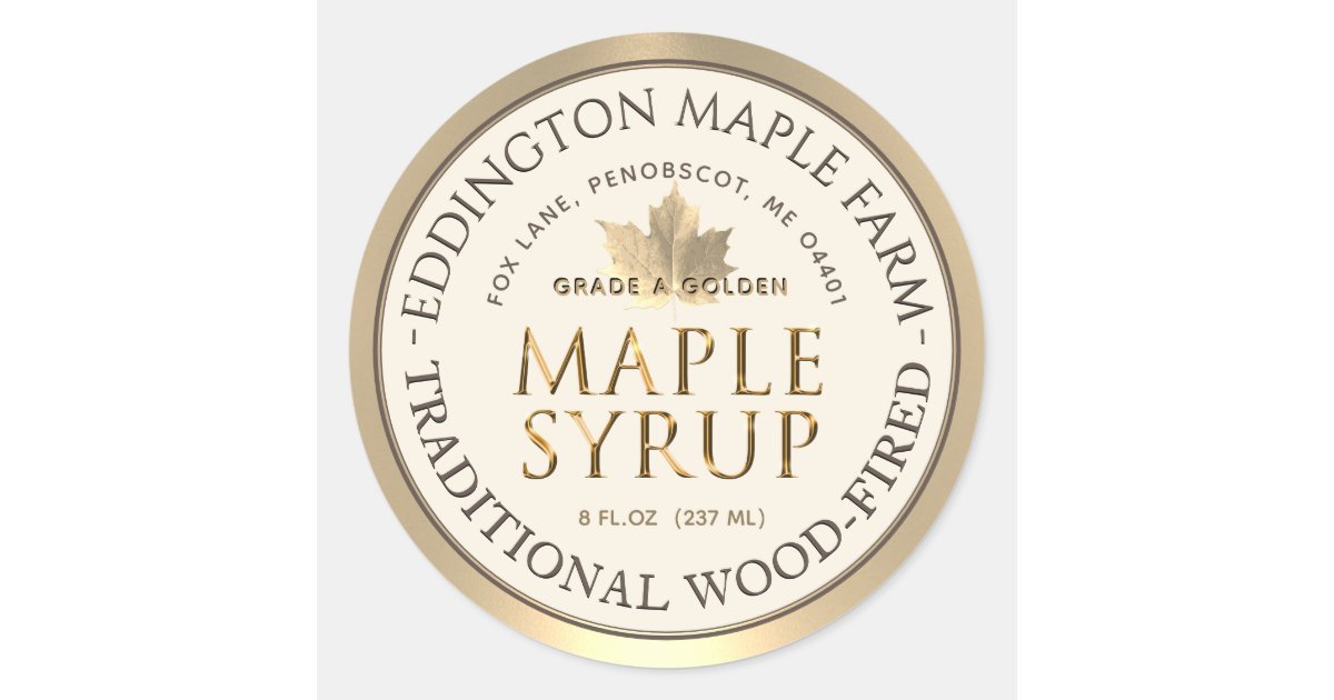 Ivory Maple Syrup Gold Maple Leaf Gold Border Classic Round Sticker ...