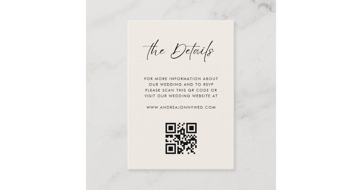 Ivory Modern Script QR Code Simple Wedding Details Enclosure Card | Zazzle