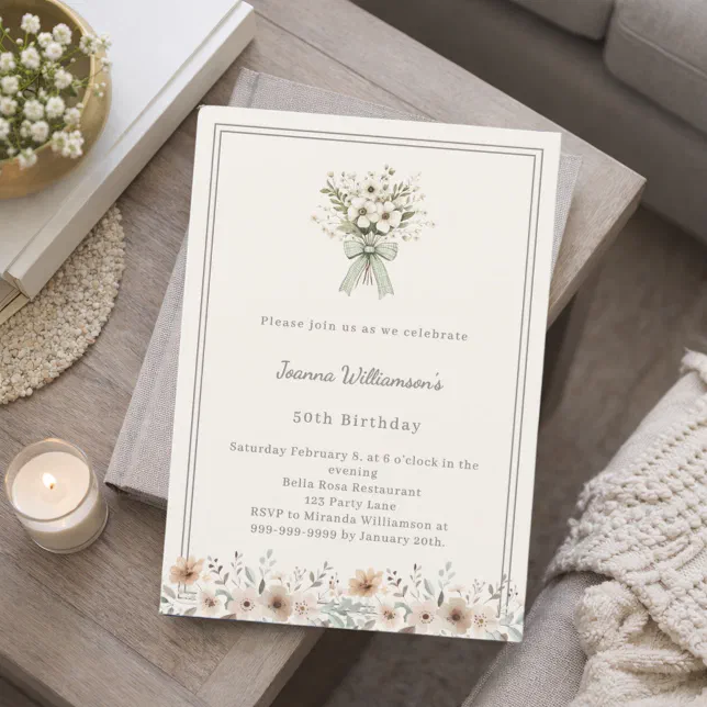 Ivory muted green floral birthday invitation | Zazzle
