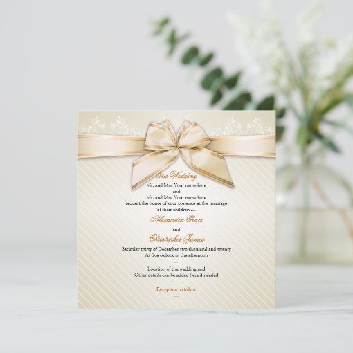 Ivory Ribbon Gold Stripes Wedding Invitation S2 | Zazzle