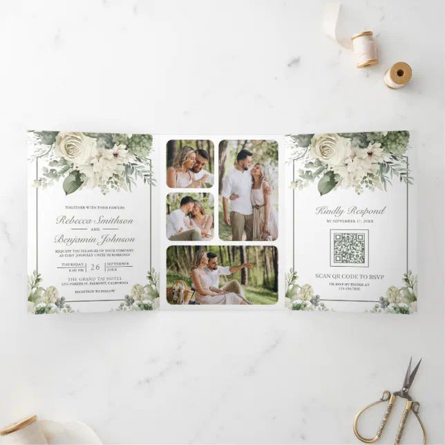 Ivory Rose Sage Green Floral Photo QR Code Wedding Tri-Fold Invitation ...