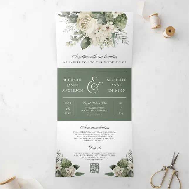 Ivory Roses Sage Green Floral QR Code Wedding Tri-Fold Invitation | Zazzle