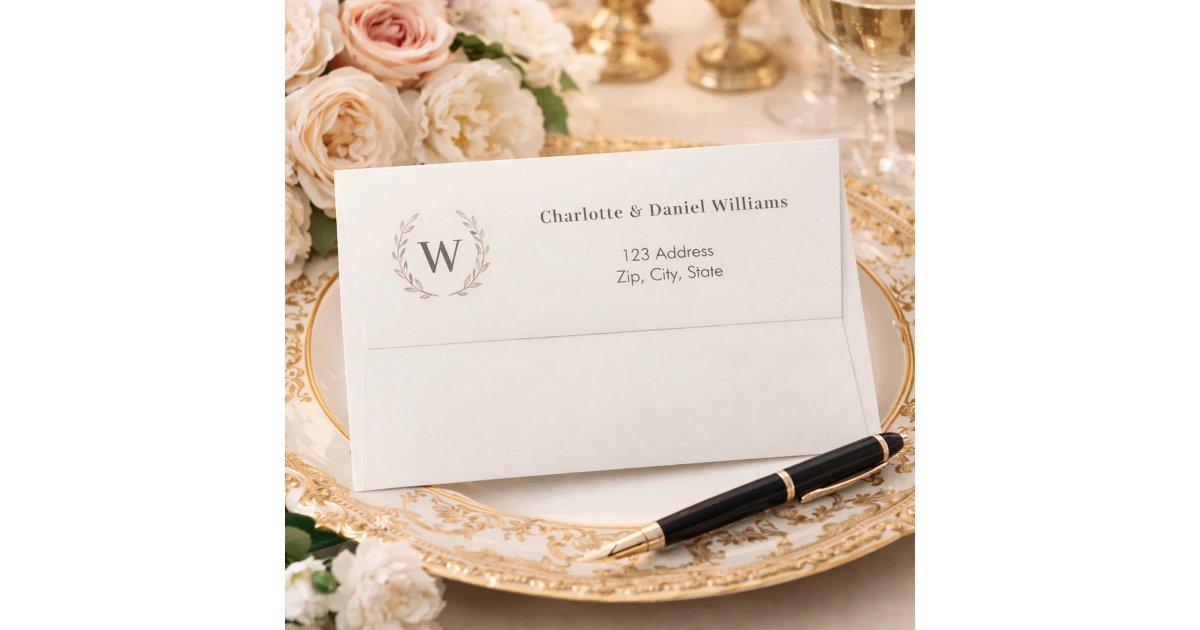 Ivory taupe monogram initial wreath return address envelope | Zazzle