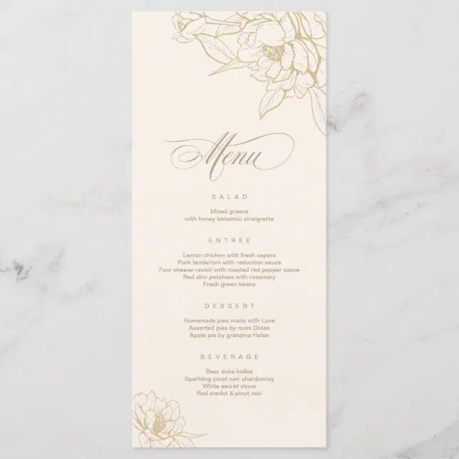 Ivory Wedding Menu card, with gold floral Peony | Zazzle