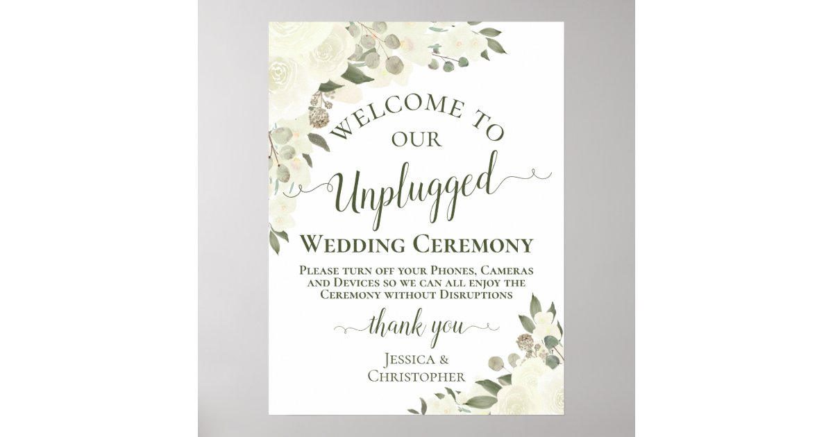Ivory White Boho Floral Unplugged Wedding Ceremony Poster | Zazzle