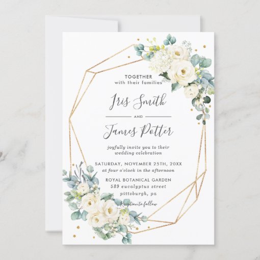 Ivory White Floral Greenery Gold Geometric Wedding Invitation | Zazzle