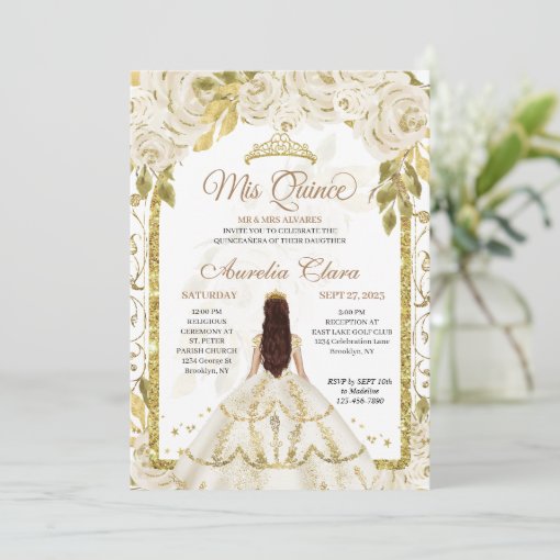 Ivory White Floral Princess Gold Arch Quinceanera Invitation | Zazzle