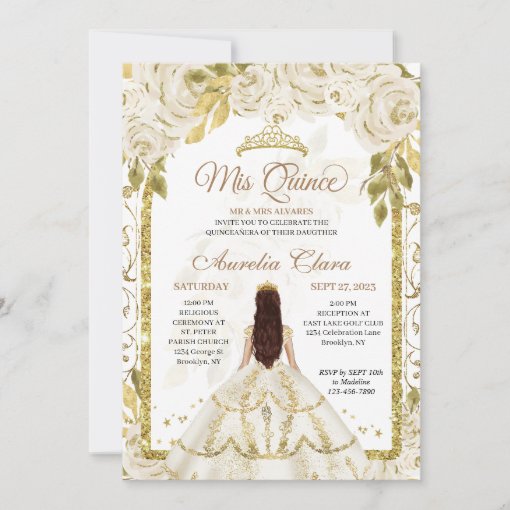 Ivory White Floral Princess Gold Arch Quinceanera Invitation | Zazzle