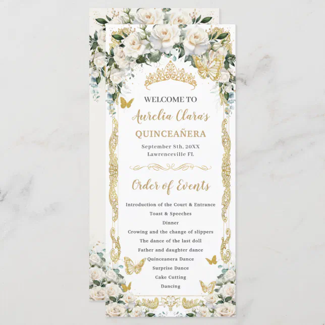 Ivory White Floral Quinceañera Order of Events Program | Zazzle
