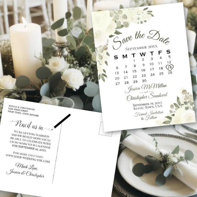 Ivory White Floral Wedding Save the Date Calendar Announcement Postcard ...