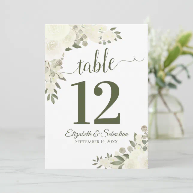 Ivory White Floral Wedding Table Number Card Large | Zazzle