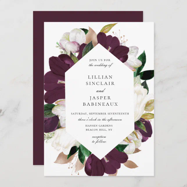 Ivory White Plum Purple Floral Frame Wedding Invitation | Zazzle