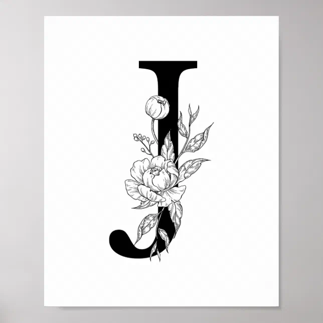 J botanical monogram. Letter initial with peonies Poster | Zazzle