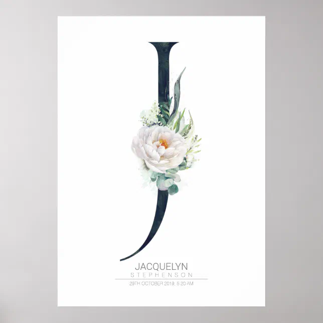 J Letter Monogram White Flowers and Greenery Poster | Zazzle