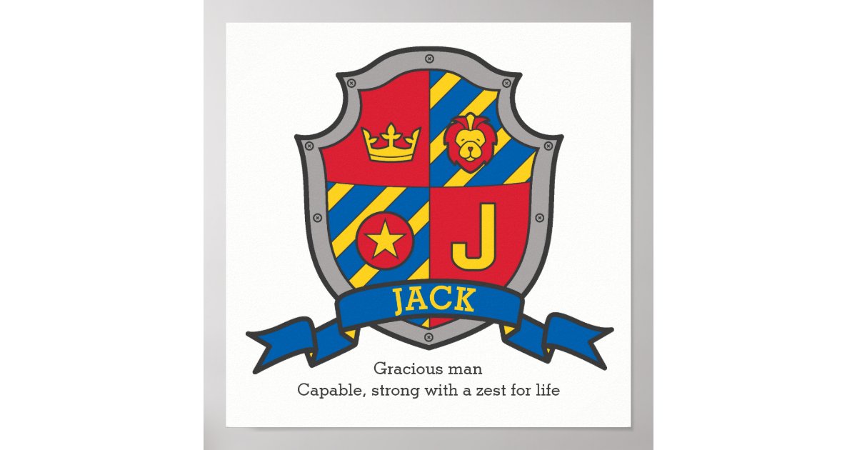 Jack boys J name and meaning blue red crest poster | Zazzle