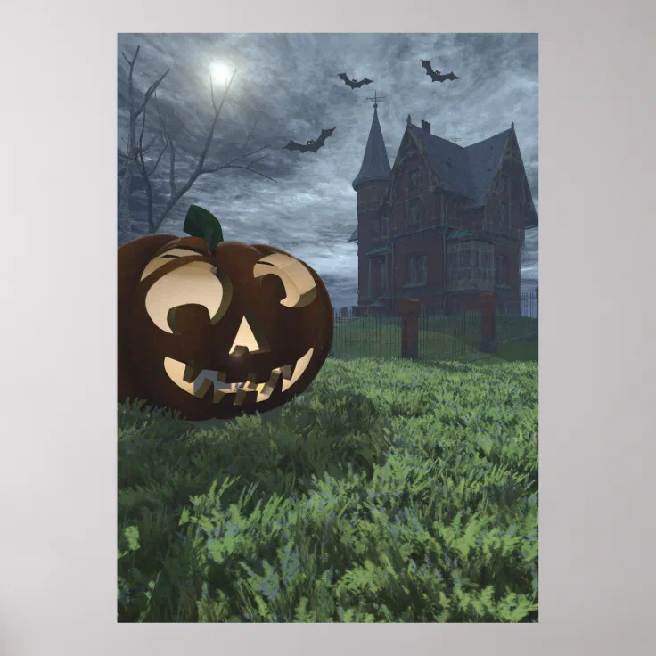 Jack-O-Lantern and Haunted House Halloween Poster | Zazzle