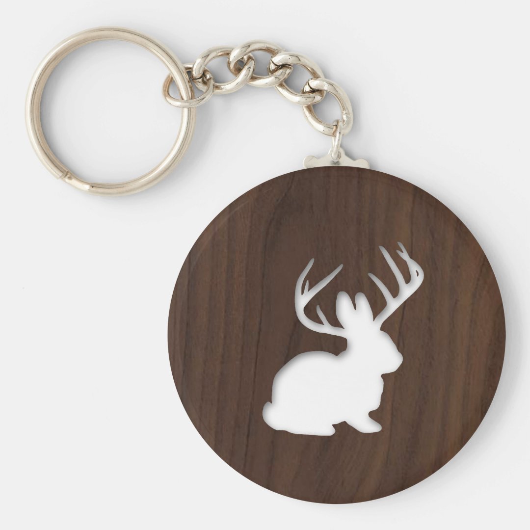 Jackalope on Dark Brown Wood Keychain | Zazzle