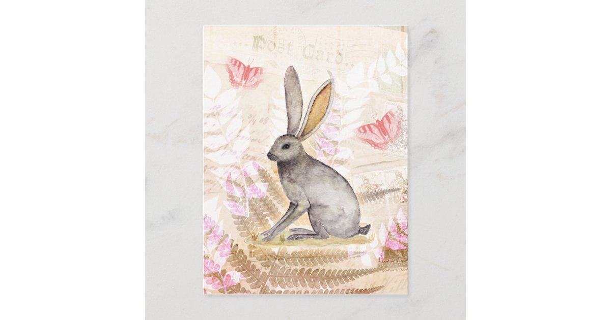 Jackrabbit watercolor vintage collage background postcard | Zazzle
