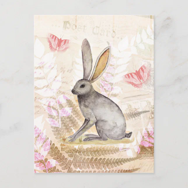 Jackrabbit watercolor vintage collage background postcard | Zazzle