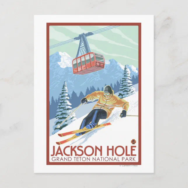 Jackson Hole, Wyoming Skier and Tram Postcard | Zazzle