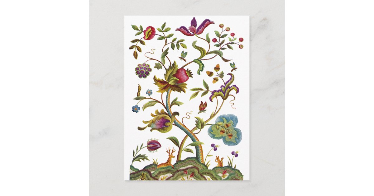 Jacobean Crewel Embroidery Tree of Life Postcard | Zazzle