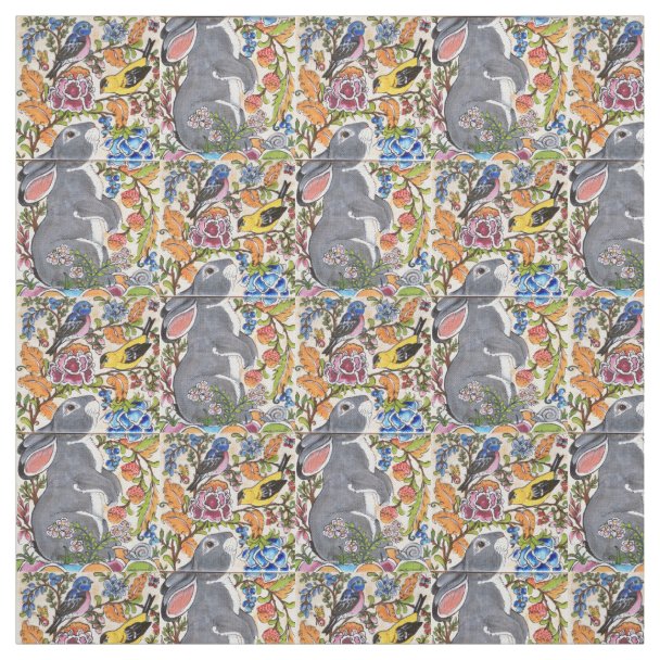 Jacobean Tile Design Bird Floral Soft Color Fabric | Zazzle