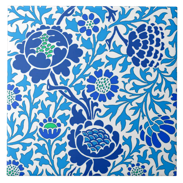 Jacobean Floral , Navy and Cerulean Blue Ceramic Tile | Zazzle