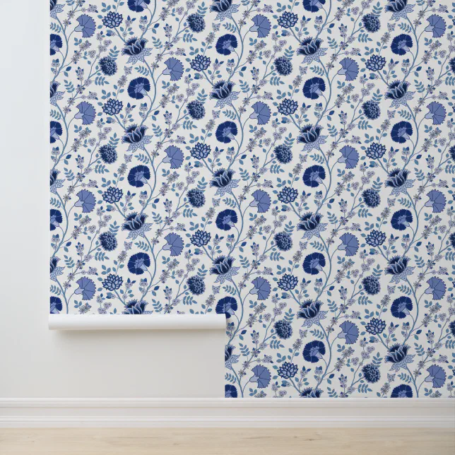 Jacobean Floral Pattern Blue on White Wallpaper | Zazzle