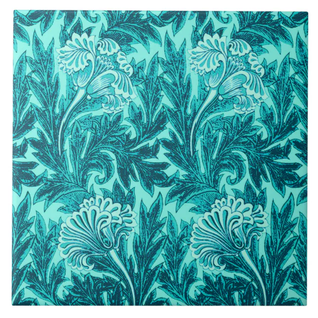 Jacobean Flower Damask, Turquoise and Teal Blue Tile | Zazzle