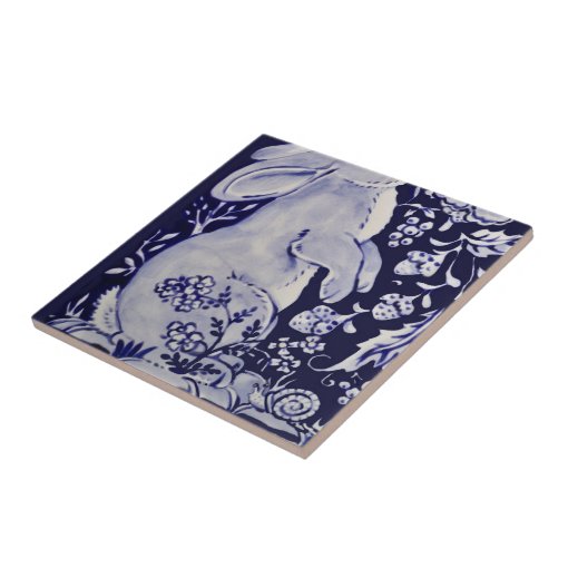 Jacobean Rabbit Birds Flowers Blue White Bottom L Ceramic Tile | Zazzle