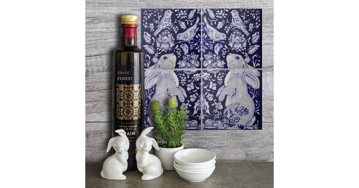 Jacobean Rabbit Birds Flowers Blue White Bottom L Ceramic Tile | Zazzle