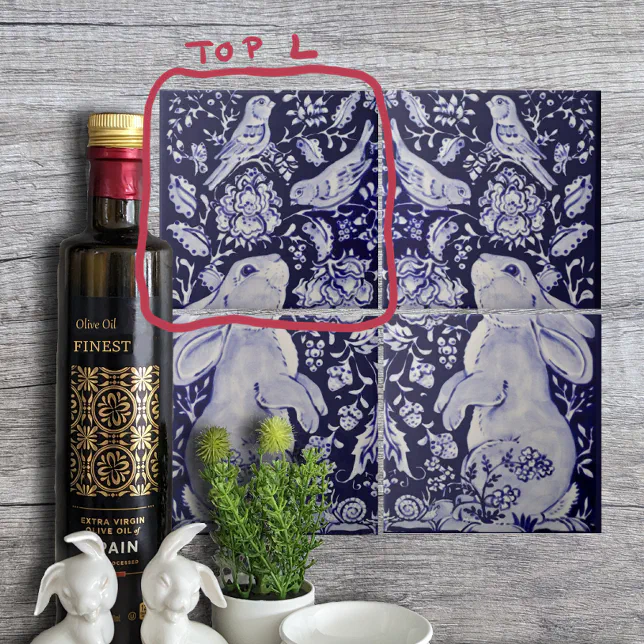 Jacobean Rabbit Birds Flowers Blue White Top L Ceramic Tile | Zazzle