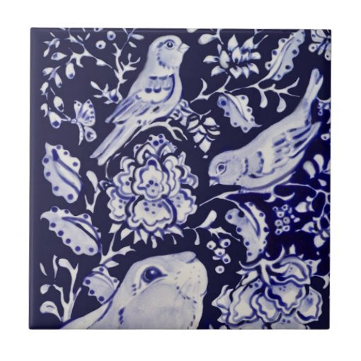 Jacobean Rabbit Birds Flowers Blue White Top L Ceramic Tile | Zazzle