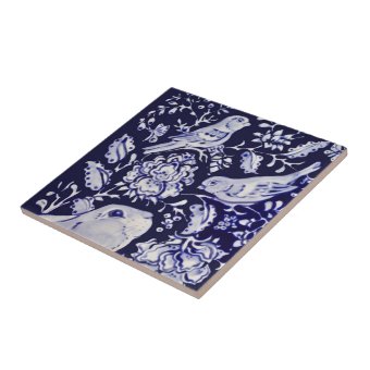 Jacobean Rabbit Birds Flowers Blue White Top L Ceramic Tile | Zazzle