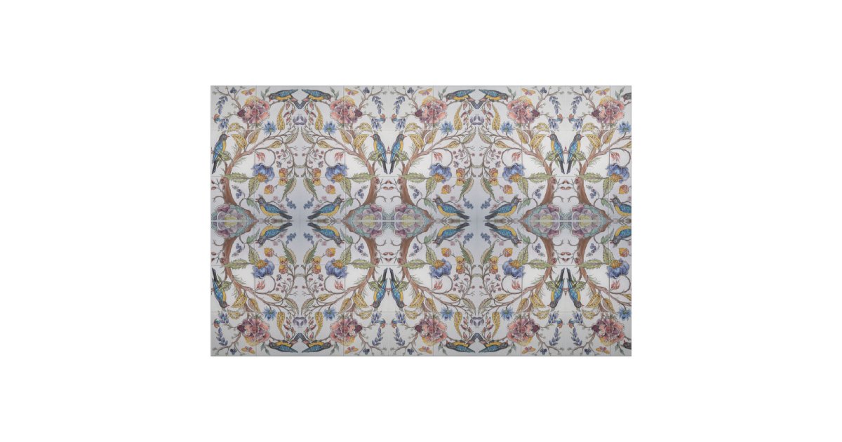 Jacobean Tile Design Bird Floral Soft Color Fabric | Zazzle