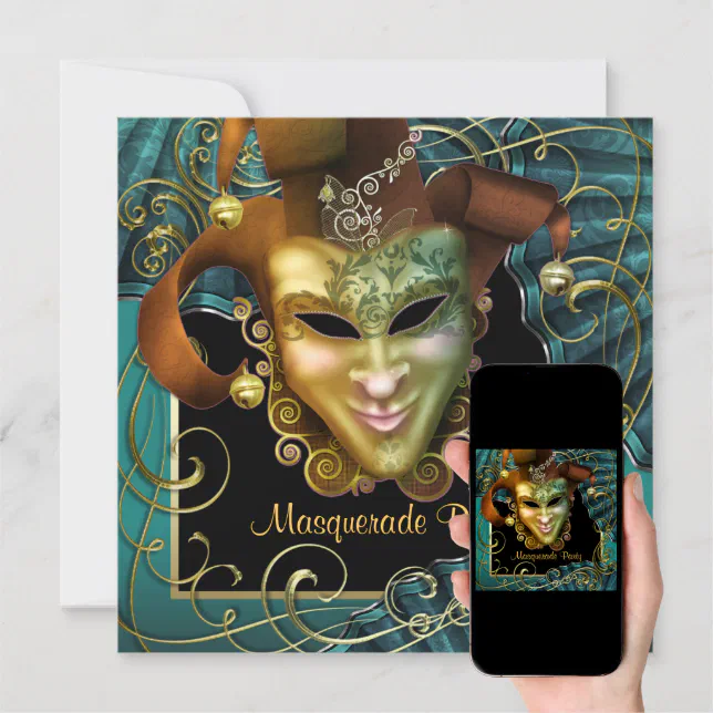 Jade Black Gold Masquerade Party Invitations | Zazzle
