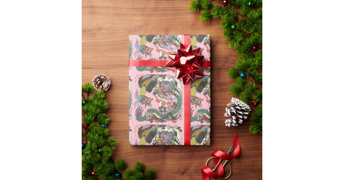 Jade Dragon and Gold Phoenix playing with a pearl Wrapping Paper | Zazzle